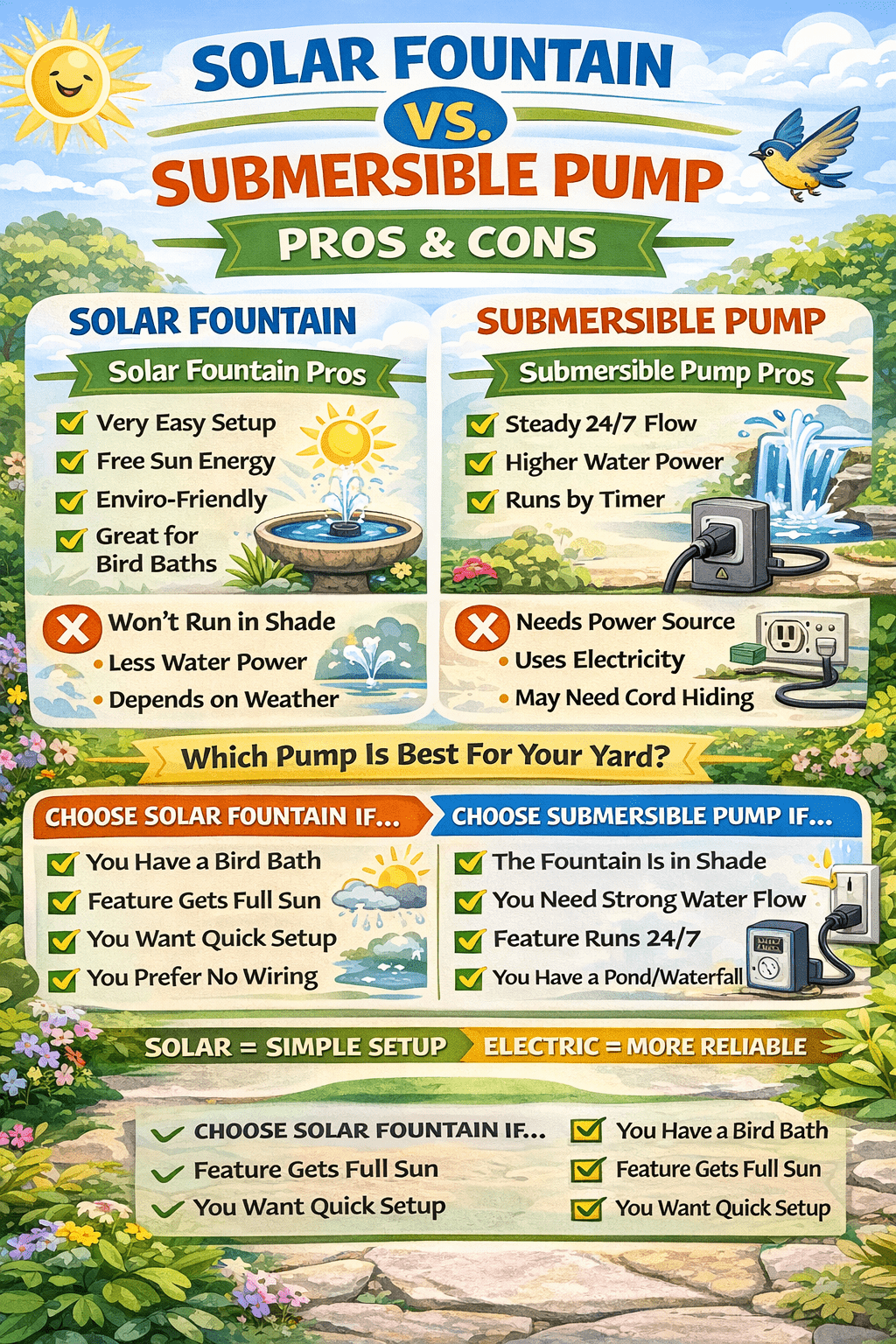 Solar Fountain vs Submersible Pump: Pros & Cons